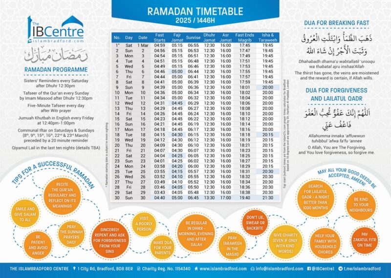 Ramadan 2025/1446H Calendar – Islam Bradford